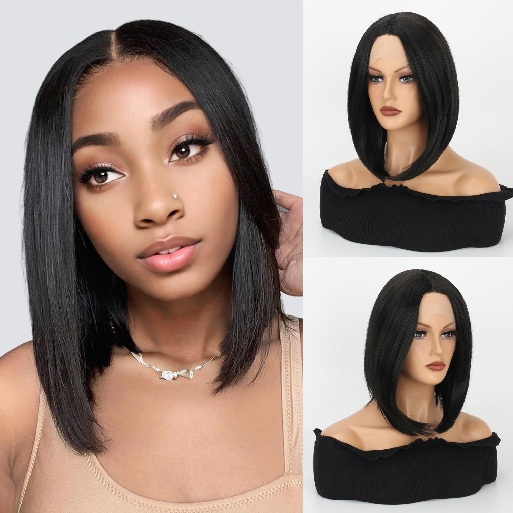 VOKEYLA Short Bob Wig Synthetic Lace Frontal Wigs For Women Black Stra ...