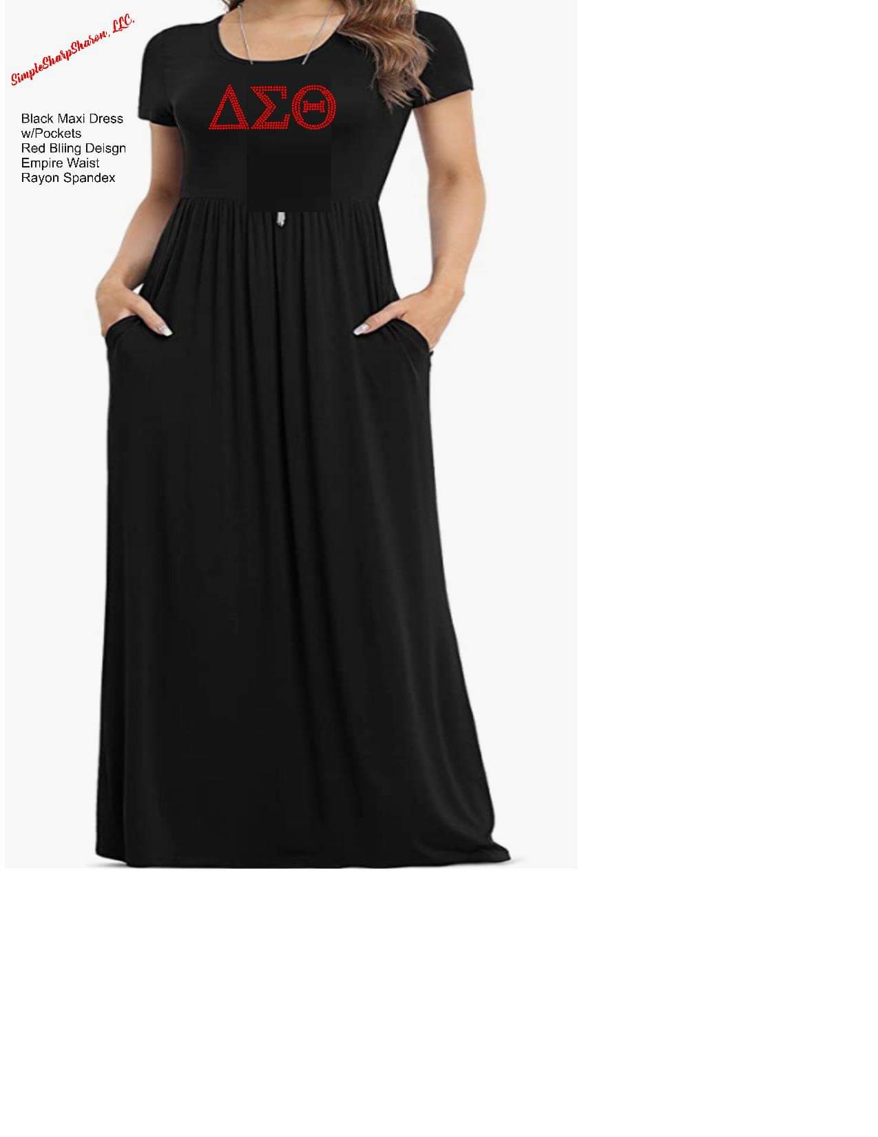 Black Maxi Dress with Red DST Bling – Simple to Sharp by Sharon, LLC.